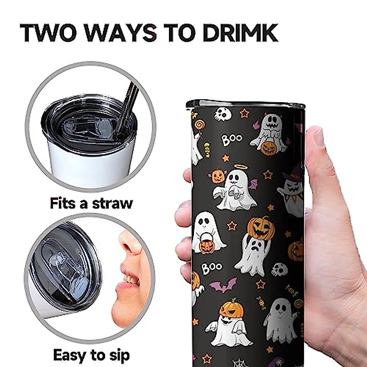 Ceovfoi Halloween Tumbler with Lid and Straw Ghost Boo Witch Ghost Pumpkin Coffee Travel Mug Cup,Witch Goth Decor Halloween Gifts For Women