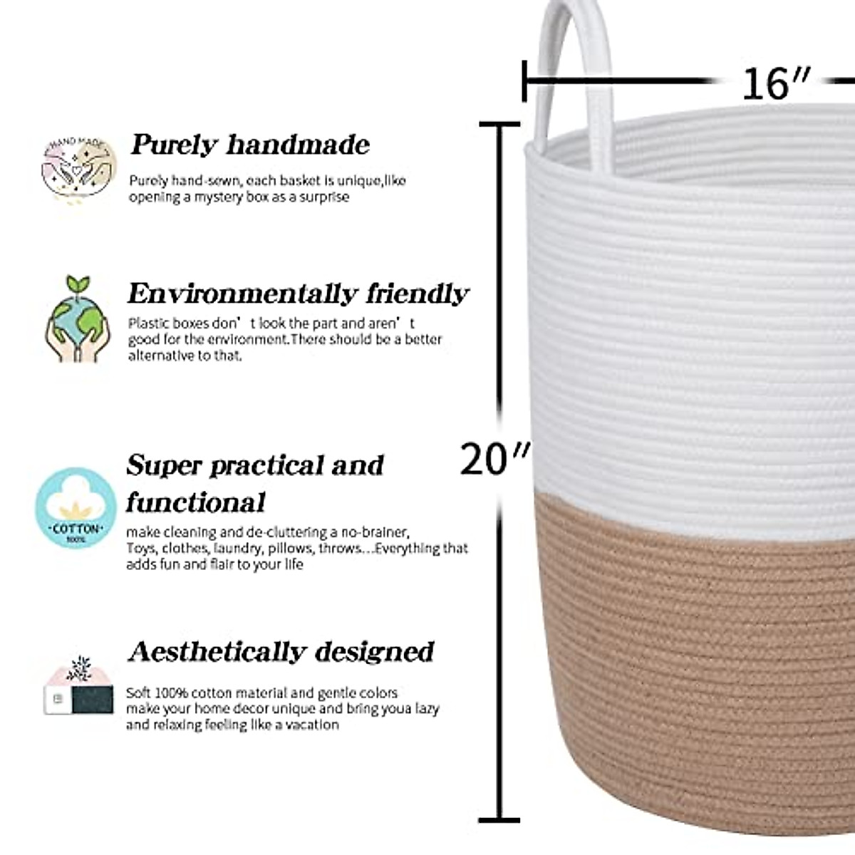 R RUNKA Extra Large Woven basket -16"x 20" Laundry Basket with Handle -Clothes Hamper, Laundry Hamper for Bedroom Living Room，Nursery Decor| Wicker Storage Basket - Off White & Jute