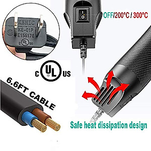 Heat Gun for Crafts Bubble Remover 6.6ft Cable Dual-Temperature 300W Heat Air Gun for Drying Paint, Clay, Embossing Heat Gun