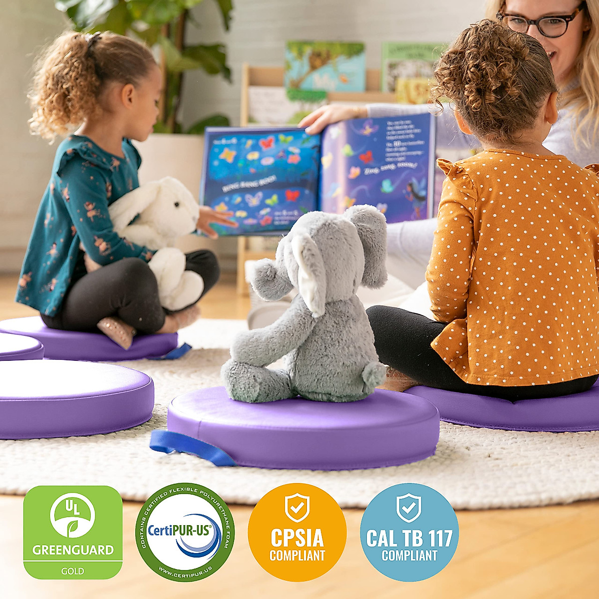 ECR4Kids SoftZone Floor Cushions with Handles, 2" Deluxe Foam, Round, Purple, (6-Pack)