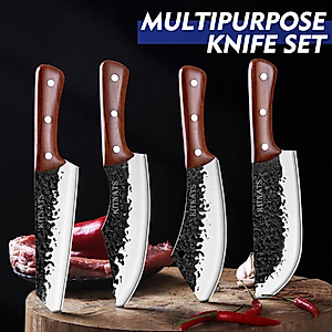 KITNATS 4PCS Hand Forged Butcher Knife Set - Kiritsuke Knife, Meat Cleaver Knife, Boning knife, Butcher Knife, High Carbon Steel Meat Cutting Knife for Home Kitchen & Outdoor…
