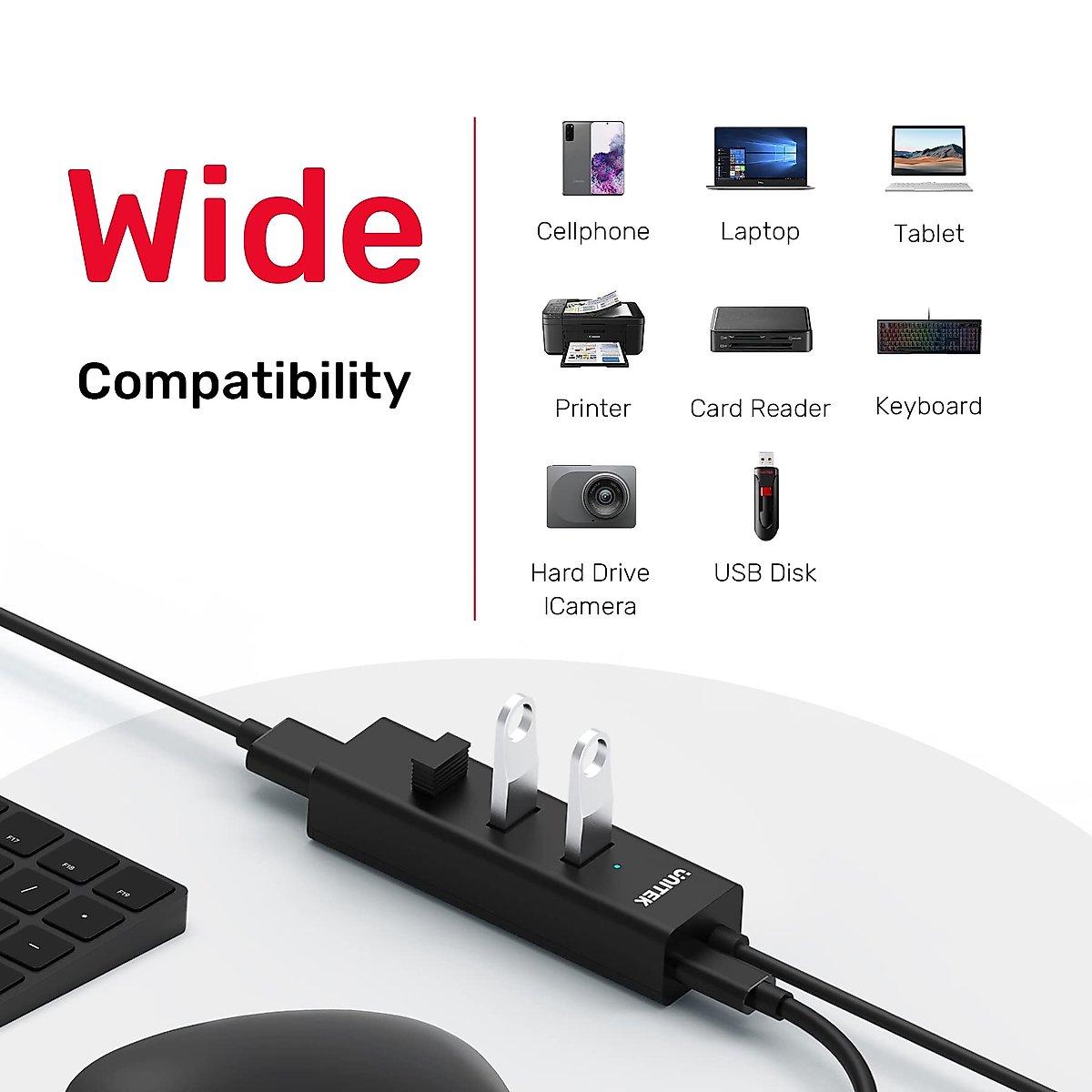 Unitek 4-Port USB 3.0 Hub, 4 Ft Long Cable USB Extension Multiple Port Splitter with Micro USB Charging Port Compatible for Windows PC, Laptop,Flash Drive,Wireless Mouse Keyboard 1.2 M - Black
