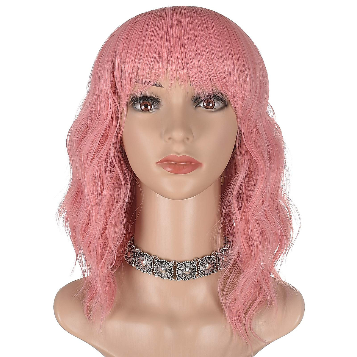 morvally Short Pink Wavy Bob Wig with Bangs for Women 16 Inches Natural Synthetic Hair Wavy Wigs