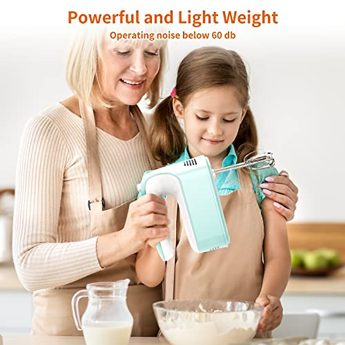 CBQ Hand Mixer Electric, 9 Speed 400W Handheld Mixer with Digital Display, Touch Button, Turbo, Snop-On Storage Case, 5 Stainless Steel Accessories, Mixer Electric Handheld for Cake, Cookie, Egg, Cream, Dough (Ice Blue + White)
