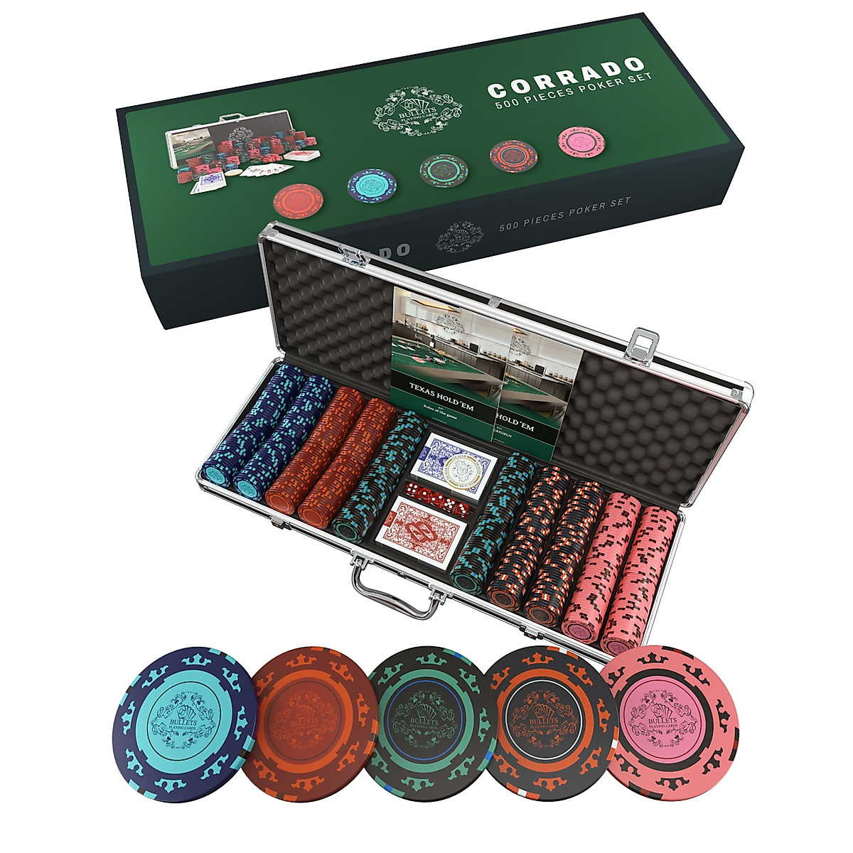 Bullets Poker Set – Complete Chip Set with Case, Playing Cards, Dices, and Travel Case – Professional for Texas Hold'em, Blackjack, Poker Games, and Casino Chips, 500 Clay 'Corrado' Chips.