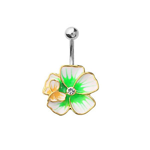 5 - Assorted Set 14 Gauge 3/8 Inch 316L Surgical Steel Barbell Belly Button Navel Rings Dangles Butterfly Hibiscus CZ Flower B630 Color Yellow Purple Blue Pink Green