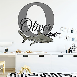 Boys Nursery Baby Shark Beach Sea Theme Personalized Custom Name and Initial Decal Vinyl Wall Decal Wall Decor Wall Sticker (Medium)