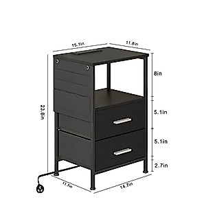 Vabches End Table with Charging Station, Nightstand with USB Port, Outlet and Fabric Bag, 2 Drawers & Open Storage Shelf Side Table, Sofa Cabinet for Living Room, Bedroom, Office