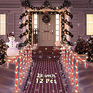 COOLWUFAN 28" Christmas Candy Cane Pathway Markers, Set of 12 Pack Christmas Outdoor Decorations Pathway Lights with 72 Warm Lights for Christmas Holiday Party Walkway Patio Garden Yard Lawn Decor