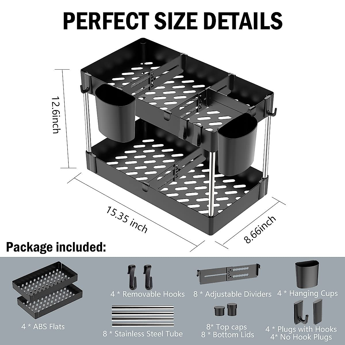 [ 2 Pack ] Under Sink Organizers and Storage, 2 Tier Bathroom Organizer Under Sink Shelf with 4 Removable Dividers , Kitchen Cabinet Storage Caddy Bath Counter Basket with Hooks Dividers Hanging Cups