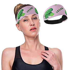 Unisex Workout Headbands Broccoli-Vegan-Green-Pink Elastic Yoga Sweatband Stretchy Sports Hairband