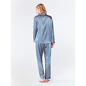 SIORO Silky Pajamas for Women Satin Pajama Sets Long Sleeve Button Down Sleepwear PJ's Soft Loungewear, Blue Grey, Medium