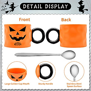 16 oz Halloween Pumpkin Mug with Spoon Decorations, Happy Halloween Pattern Mug Ceramic Spooky Pumpkin Coffee Cup Halloween Birthday Tabletop Drinkware Gifts for Adults Kids Women