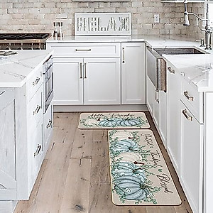 Artoid Mode Hello Pumpkin Eucalyptus Fall Kitchen Mats Set of 2, Thanksgiving Home Decor Low-Profile Kitchen Rugs for Floor - 17x29 and 17x47 Inch