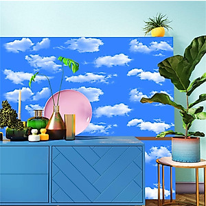 FLFK 3D Blue Sky White Clouds Self-Adhesive Wallpaper Removable Vinyl Peel and Stick Cloud Wall Murals for Toddler Nursery Baby Bedroom