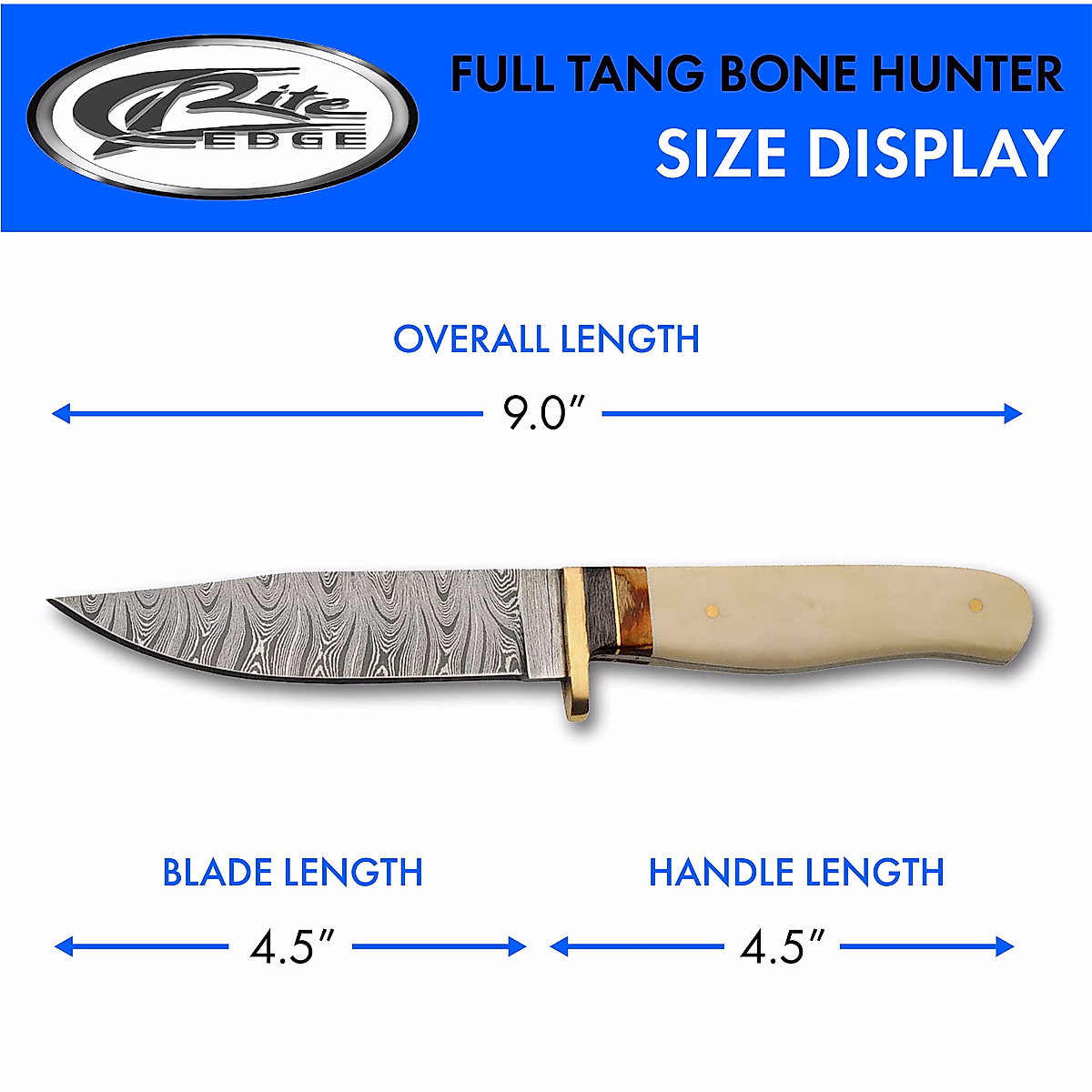 SZCO Supplies 9” Bone Handle Full tang Damascus Steel Outdoor Hunting Knife With Sheath,White