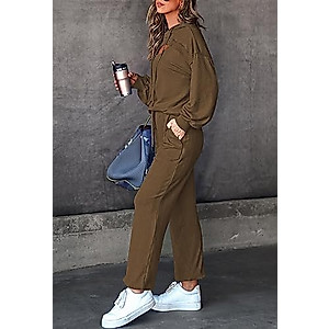 Pink Queen Two Piece Lounge Wear Sweat Sets Casual Relaxed Fit Fall Cutout Pullover Hoodies Tracksuit Ladies Running Active Drawstring Pants with Pockets Chocolate L