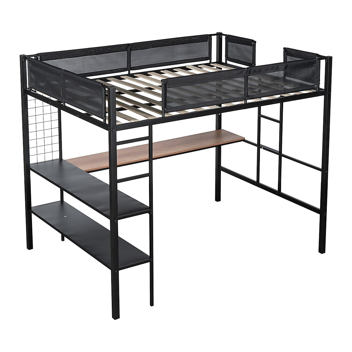 NCKMYB Metal Loft Bed with Desk and Shelves, Full Size Loft Bed with 2 Ladders and 2 Tier Shelves, for Teen Adult or Dorm, Black