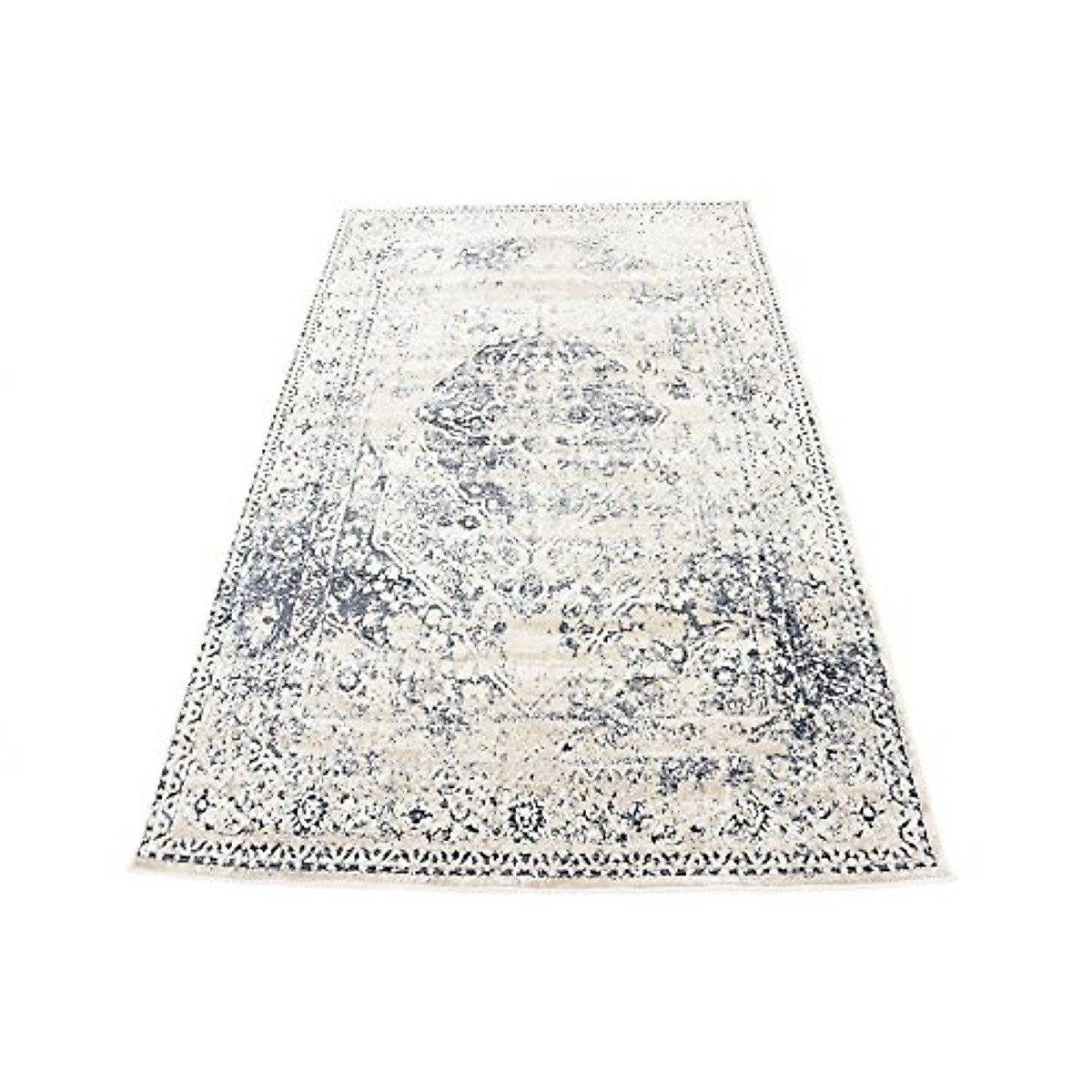 Unique Loom Chateau Collection High-Low Pile, Vintage, Traditional, Distressed, Medallion Area Rug (4' 0 x 6' 0 Rectangular, Beige/Navy Blue)