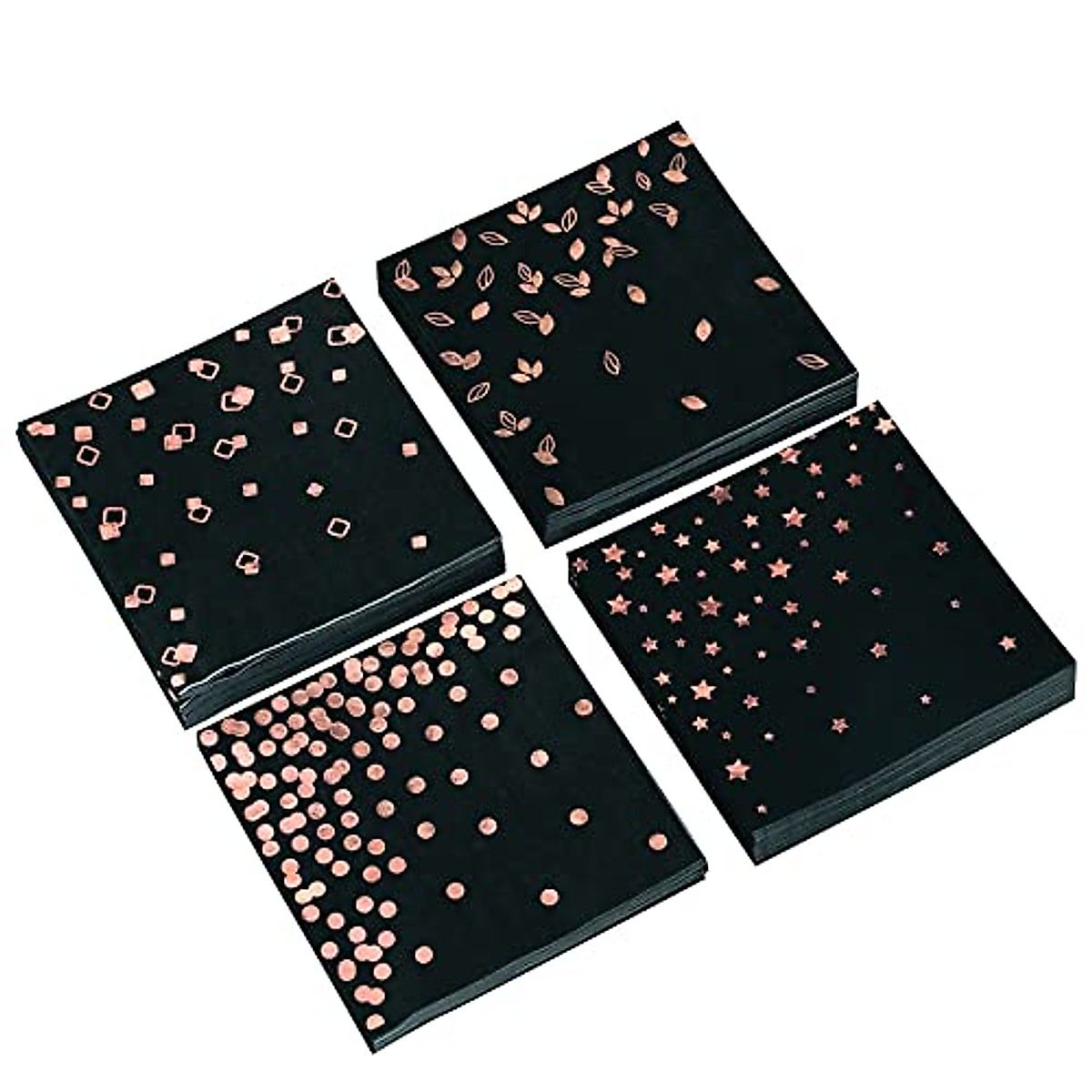100 Black and Rose Gold Napkins - 4 Assorted Designs, 3-Ply Cocktail Napkins Folded 5x5 Inches Bar Napkins Disposable Beverage Party Napkins Paper Napkins Dinner for Wedding Birthday