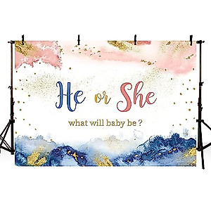 MEHOFOND 7x5ft Gender Reveal He or She Backdrop What Will Baby Be Baby Shower Backdground Boy or Girl Photography Photo Booth Banner Gold Glitter Newborn Party Photo Studio Booth Props