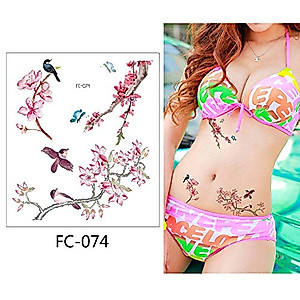 Glaryyears Flower Birds Temporary Tattoos, 12 Sheets Cherry Blossoms Fake Realistic Tattoo Sticker for Women Girls, Sexy Leaf Body Art for Seasons