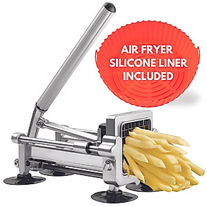 French Fry Cutter For Potatoes, Aluminum Stainless Steel Potato Cutter with 1/4-Inch & 3/8-Inch Blades, Includes 7.5-inch Air Fryer Silicone Liner, Potato Cutter for Fries, Potato, Onion, Vegetables
