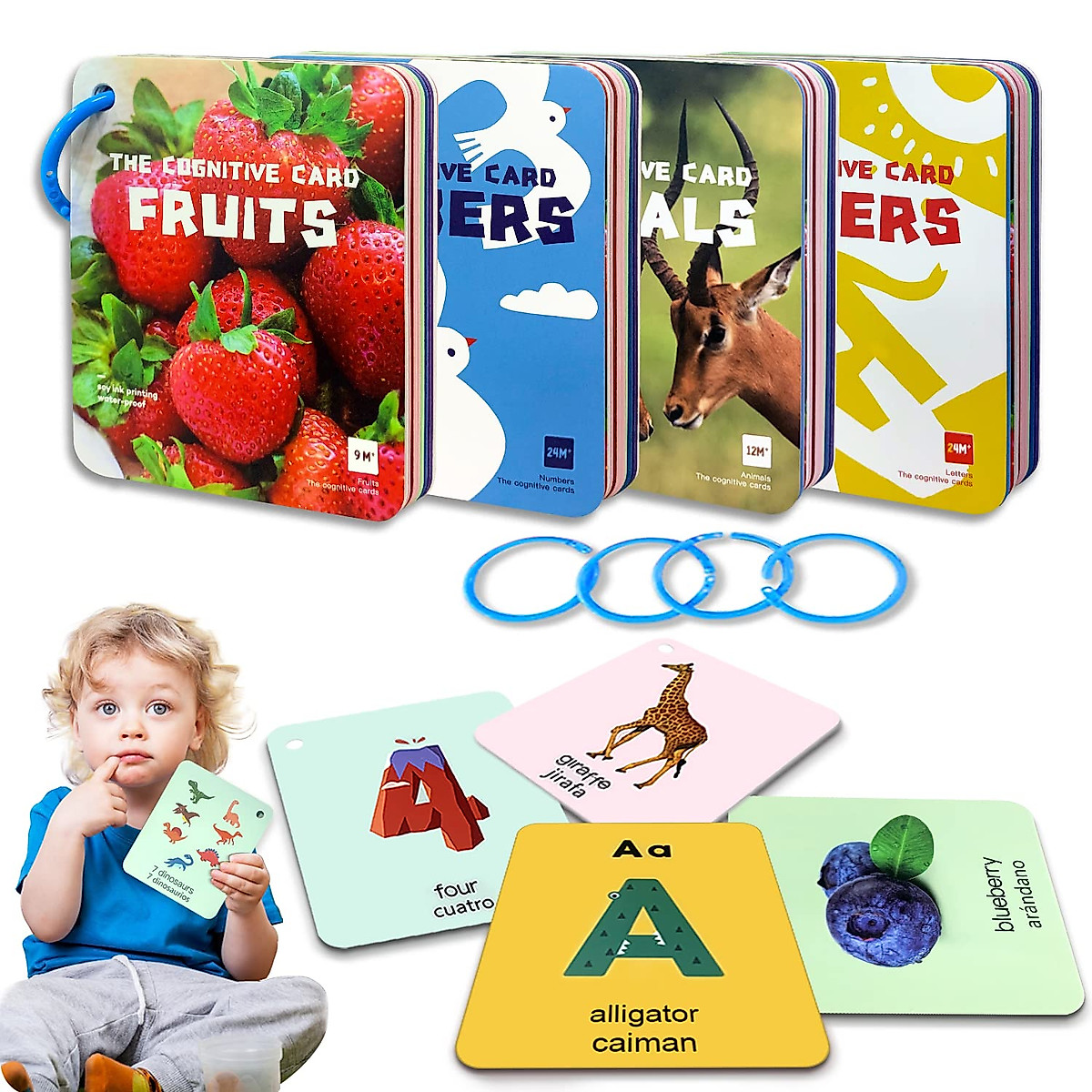 Richgv Flash Cards for Toddlers 1-2-3-4 Years Old, Bilingual 4 Sets Flash Cards for Baby 6 12 18 Months, Alphabet Numbers Fruits Animals, Learning & Education Toys Gifts Kindergarten Preschool
