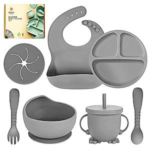 OZEY Silicone Baby Feeding Set: 100% Food Grade Baby Bib, Toddler Suction Plates and Bowls Set, Spoon, Fork, Cup, Straw-Baby Led Weaning Supplies (Grey), Small, Gray, 12232