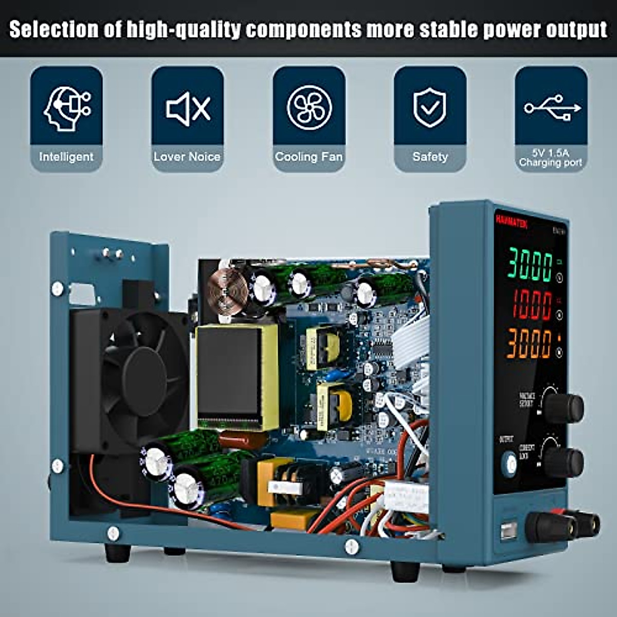 Adjustable DC Power Supply (0-30 V 0-10 A) with Output Enable/Disable Button HANMATEK HM310 Mini Variable Switching Digital Bench Power Supply with USB Charging