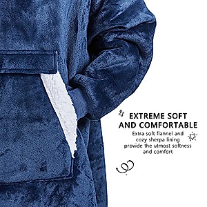 Ashago Wearable Blanket Hoodie for Adult Oversized Sherpa Blanket Sweatshirt Hoodie with Sleeves and Giant Pocket Gifts for Women Men（Blue）