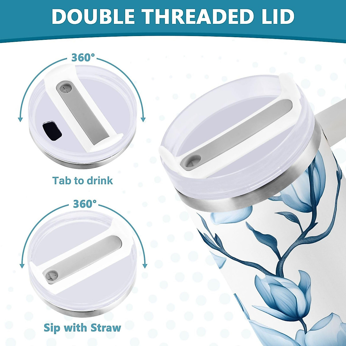 xigua 40 oz Blue Magnolia Flowers Tumbler with Handle and Straw Lid, Stainless Steel Vacuum Insulated Sports Water Bottle, Keeps Cold or Hot Coffee Cup Travel Mug