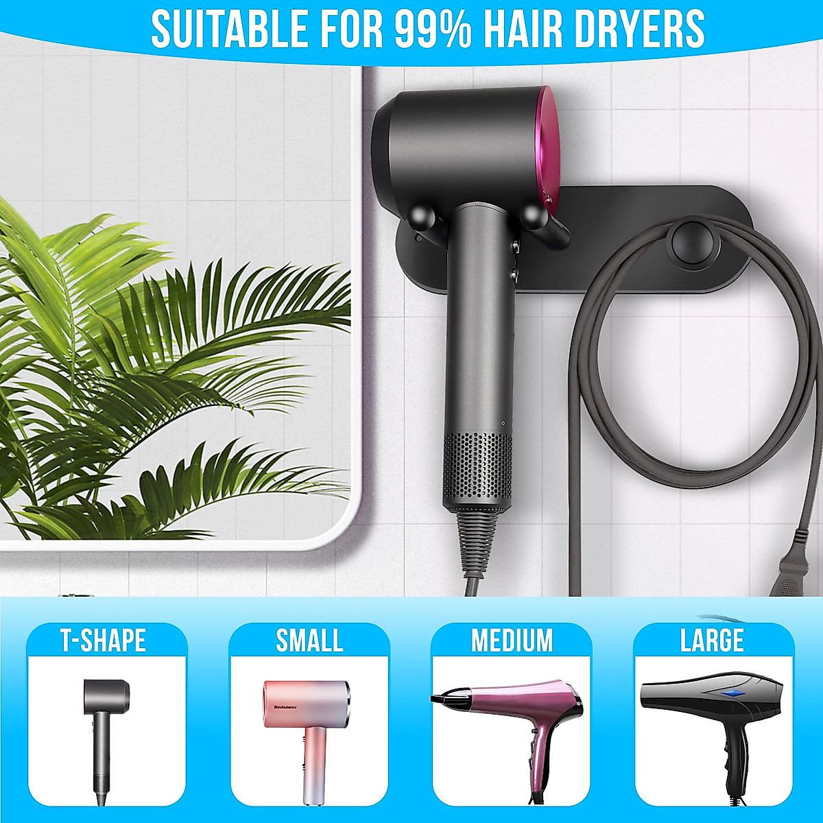 NALoRa Hair Dryer Holder Wall Mounted, Affordable Luxury Blow Dryer Holder for Bedroom, Salon, Hairdryer Holder for Bathroom, Self Adhesive Hair Dryer Holder, Widely Adaptable to 99% of Hair Dryers