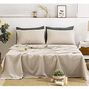 TUMEI Bedding 100% Linen Sheets California King, 4Pcs Linen Sheets Set Cal King Soft Durable Deep Pocket Fitted Sheet & Flat Sheet & 2 Pillowcases, Natural Linen California King Size