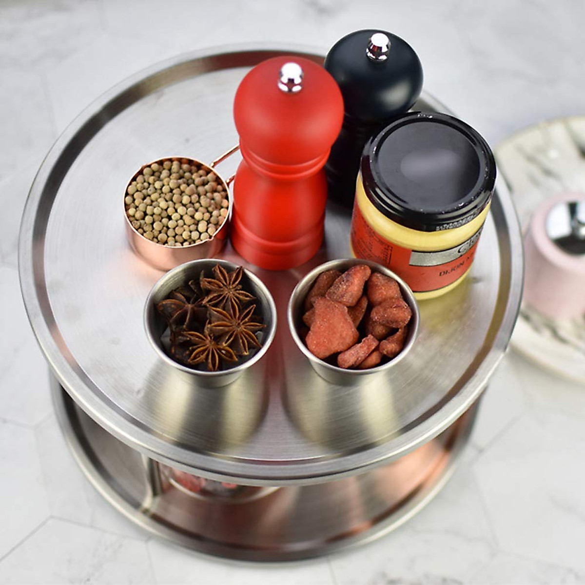 2 Tier Lazy Susan Turntable Organizer,Stainless Steel 360 Degree Turntable Pantry cabinet Turning Table Spice Rack Organizer Tray for Kitchen Bathroom Bedroom Parlor