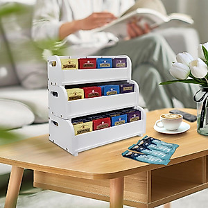Tea Bag Storage Organizer Box - Bamboo Tea bags Holder 3-Tier Stackable Wall Mount Large Capacity Tea Caddy Containers for Pantry Countertop Kitchen Counter Cabinet Office (White)