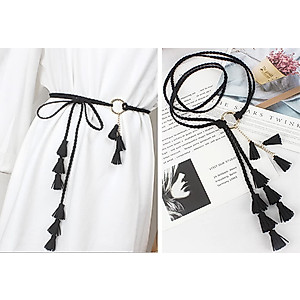 2 Pack Women Girls PU Leather Waist Belt Chain Skinny Rope with Double Tassel for Dress Skirt (1pc Black+1pc Camel)