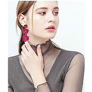 NVENF Flower Dangle Earrings for Women Tiered Petal with Crystal Center Triple Flowers Dangling Earring Fashion Jewelry Stud Drop Earrings(Hot Pink)