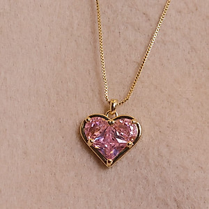 Sonateomber Pink Heart Pendant Necklace for Women - Gold Dainty Chain Cute Red Crystal Rhinestone Love Heart Dangle Necklaces Wedding Valentines Prom Jewelry Gift for Mother