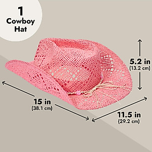 Zodaca Pink Cowboy Hat for Women - Pink Straw Beach Hat, Cute Cowgirl Hat with Beaded Heart Trim and Braided Chain (Adult Size)