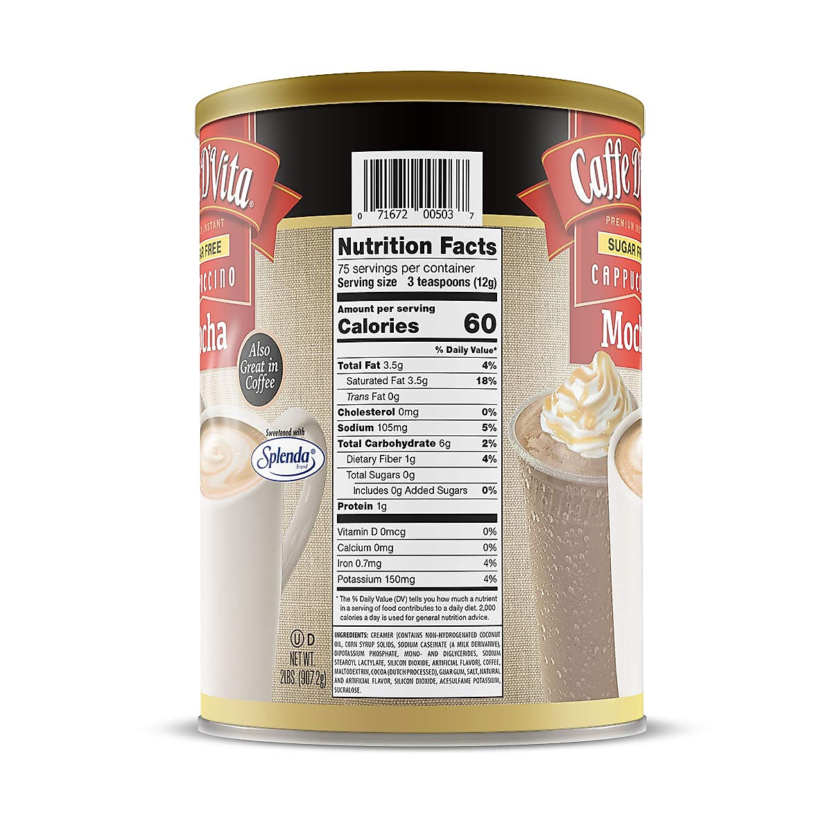 Caffe D’Vita Sugar Free Mocha Cappuccino 2 lb. (32 oz.) can