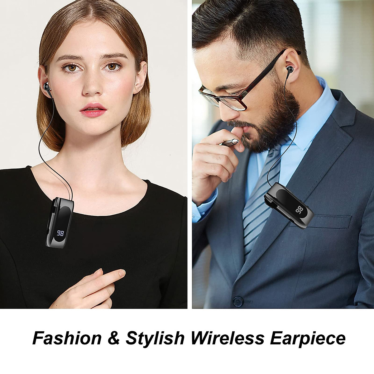 Retractable Wireless Headset Headphone Stereo Earphone V5.0 Noise Cancelling Mic Clip on Earpiece Comfortable HandsFree Headset 20Hrs Talking Time Sports Business Trucker Driver Earbud