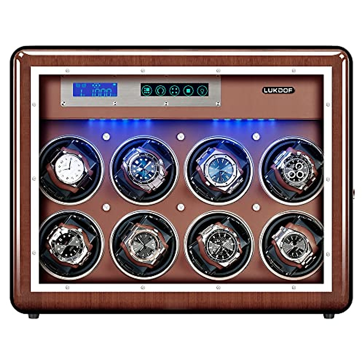 LUKDOF Walnut Watch Winder for 8 Automatic Watches Winding+ 6 Storage Slots LED Backlight Watch Display Box Touchscreen Automatic Rotation Case with Quiet Mabuchi Motors for Men and Women Gift