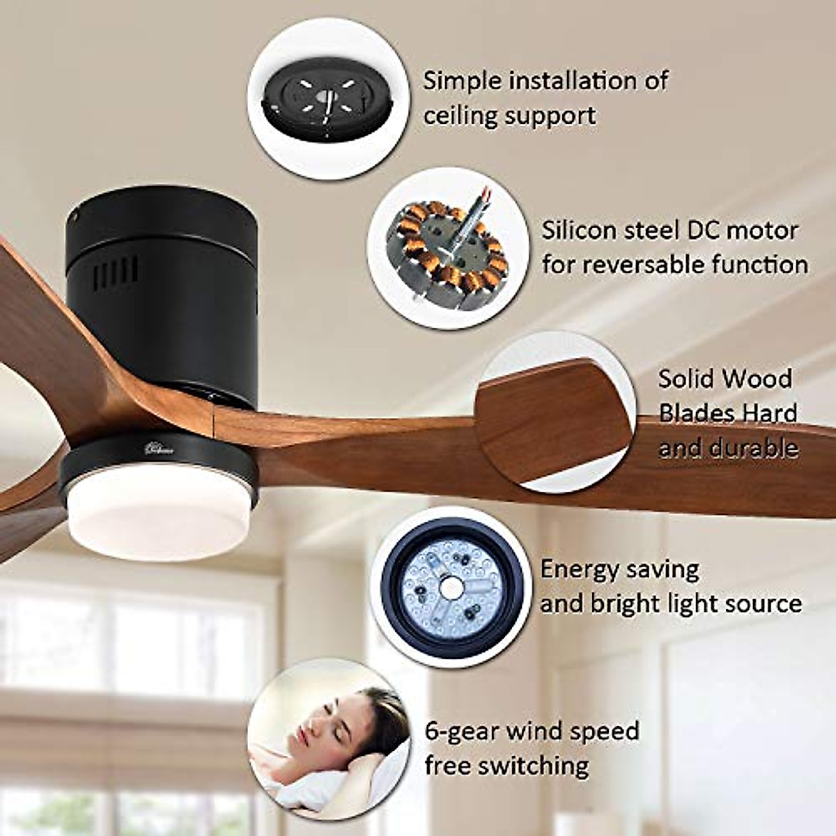 Sofucor 52 Inch Low Profile Ceiling Fan With Lights 3 Wood Fan Blade Noiseless Reversible DC Motor Remote Control Flush Mount Ceiling Fan With Light for Farmhouse Modern Style Contemporary Decor