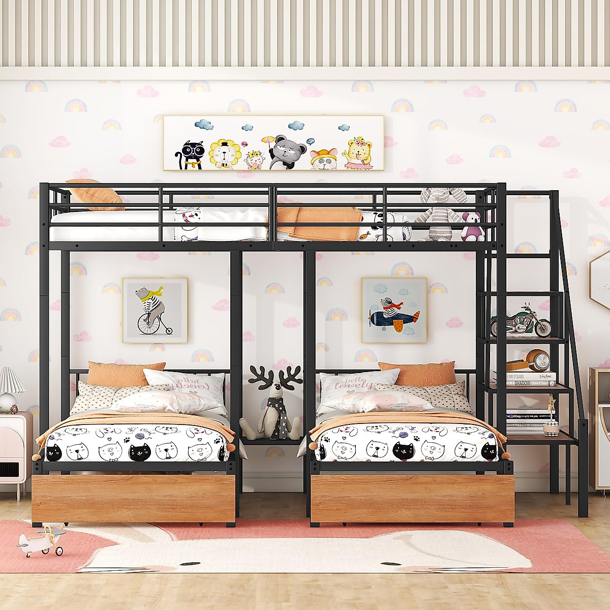 Bellemave Triple Bunk Bed with Storage Stairs, Metal Full Over Twin & Twin Bunk Beds, Detachable Bunk Bed for 3 Kids with Storage Shelf for Three Boys Girls Teens, Black