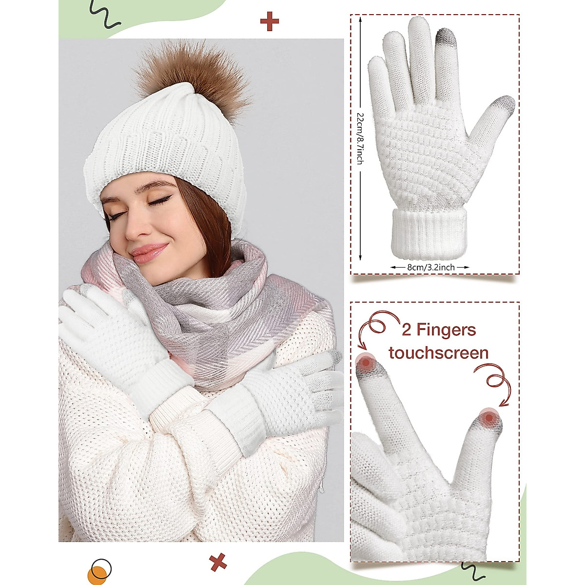SATINIOR 6 Pcs Winter Beanie Hat Scarf Gloves Set for Women, Knitted Beanie with Pom Pom Neck Warmer Touchscreen Gloves Set(Gray, White)