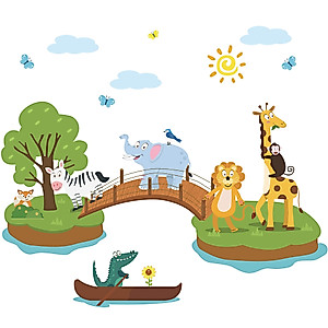Removable 3D Giant Jungle Animals Lion Elephant Bird Fox on The Bridge Wall Decals Tree Wall Sticker Art Decor for Kids Boys Baby Children Bedroom Living Room Bathroom Classroom Playroom Nursery