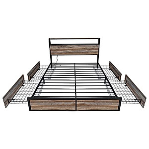 ARTETHYS Queen Led Bed Frame with 4 Storage Drawers, Wood Bed Frame with 2-Tires Storage Headboard and Charging Station, Metal Platform Bed with 2 Free Storage Bags, Noise-Free, No Box Spring Needed