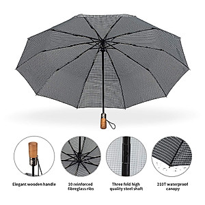HOMILOOP Compact Folding Umbrella,10 Ribs Business Brolly,Automatic Opening,Compatible Rainy and Sunny Weathers,Vintage Plaid and Wooden Handle Parasol