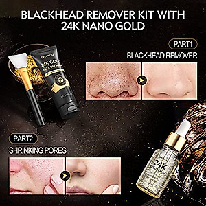 Blackhead Remover Mask, 3-in-1 Peel off Face Mask with 24K Gold Serum & Silicon Brush,24K Gold Facial Mask For Deep Cleansing Blackhead, Whitehead, Pores, Acne, Oil, Peel Mask Black Mask(80g+20ml)